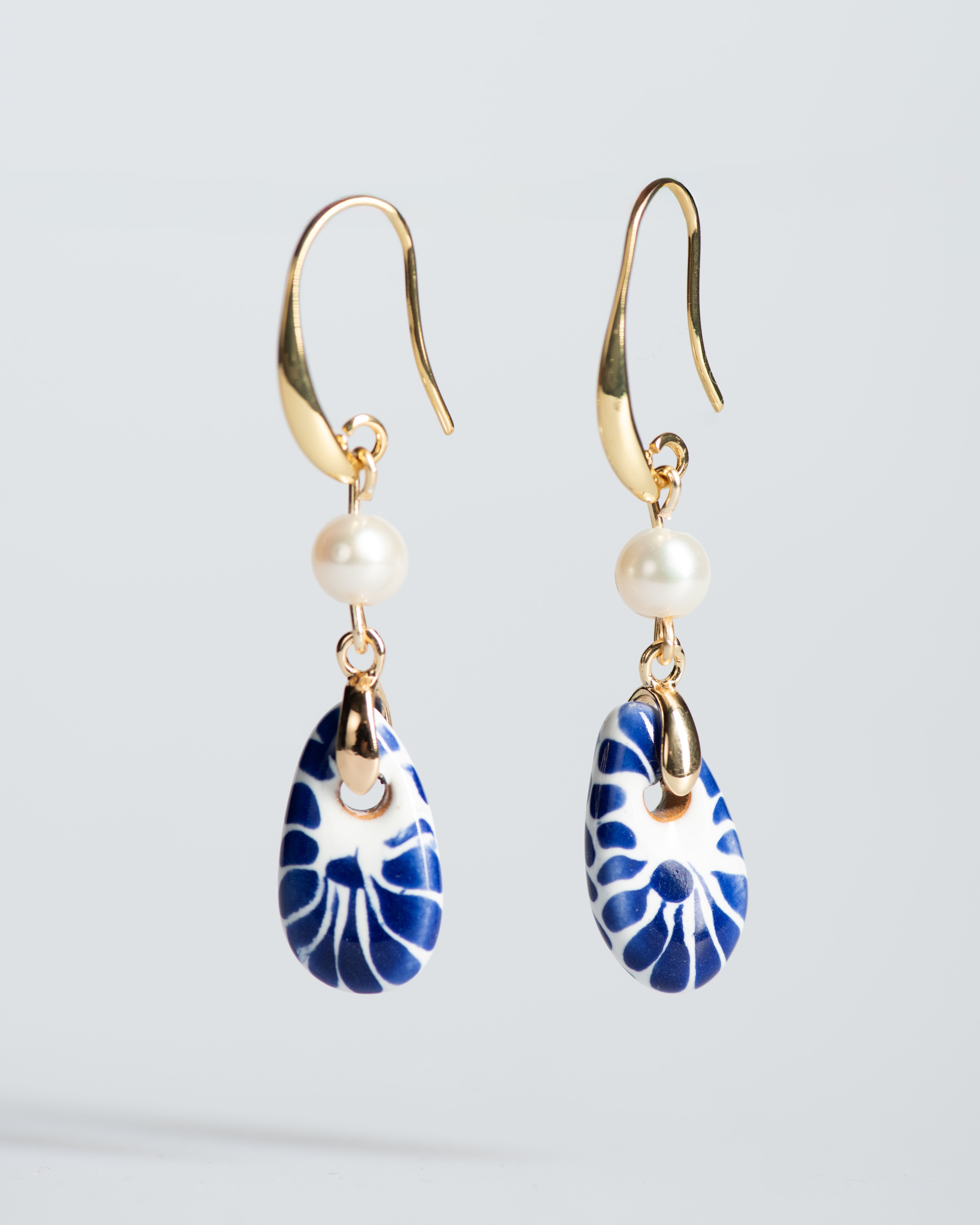 Talavera Pearl Teardrop Earrings – Blue & White Ceramic on Gold | Clayvera