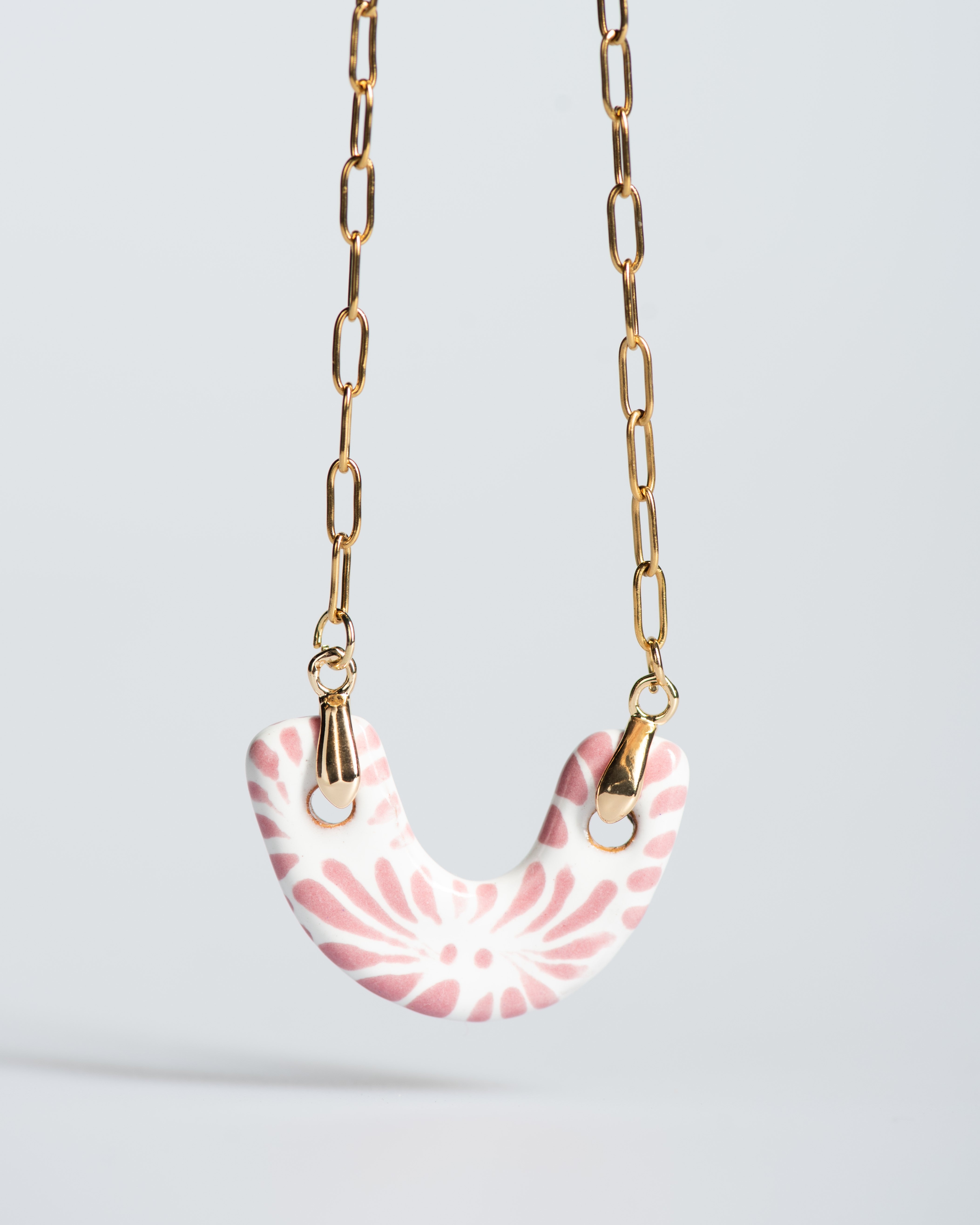 Pink Talavera Crescent Necklace – Blush Ceramic on Gold | Clayvera