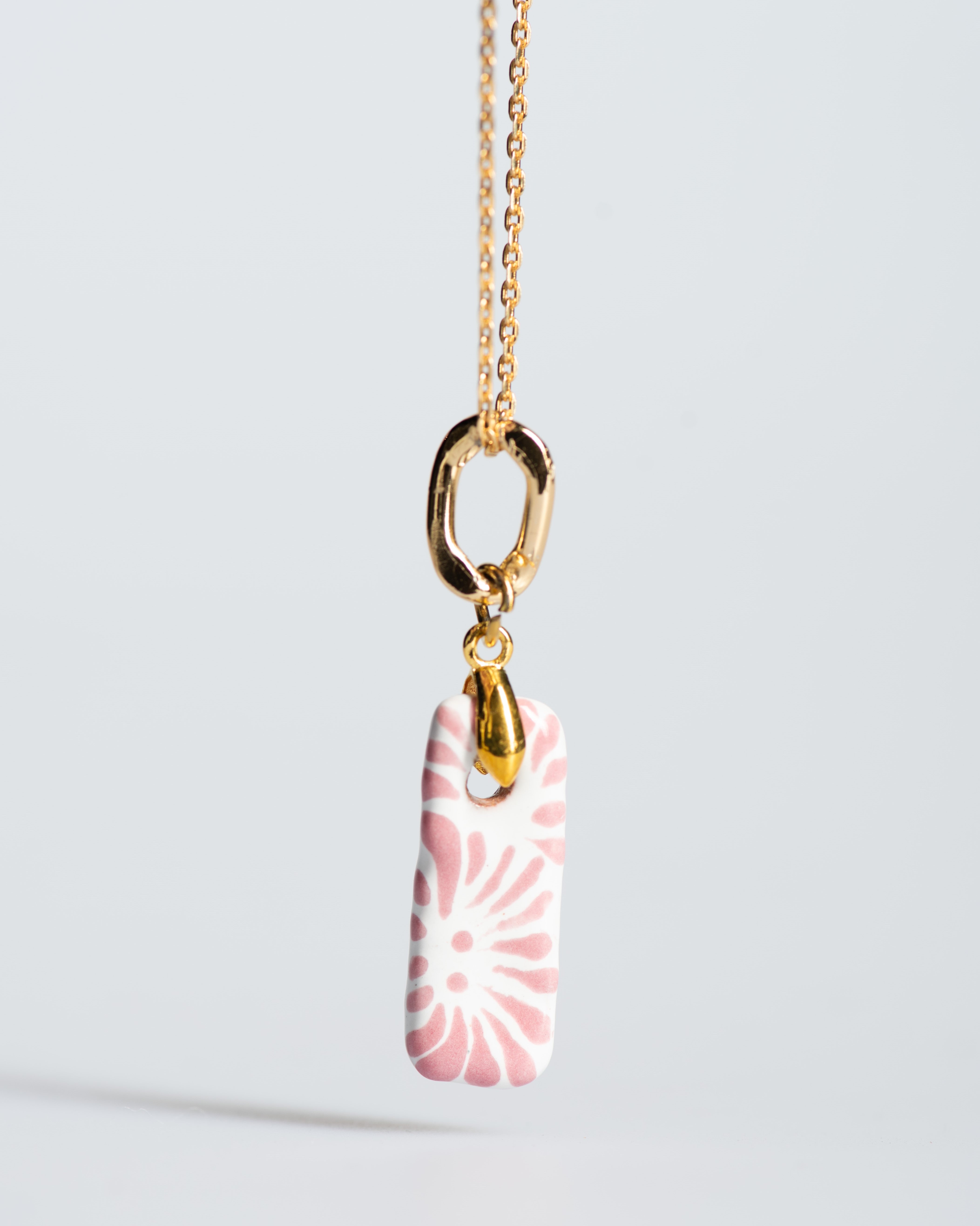 Pink Talavera Tile Necklace – Rectangle Ceramic Pendant on Gold | Clayvera