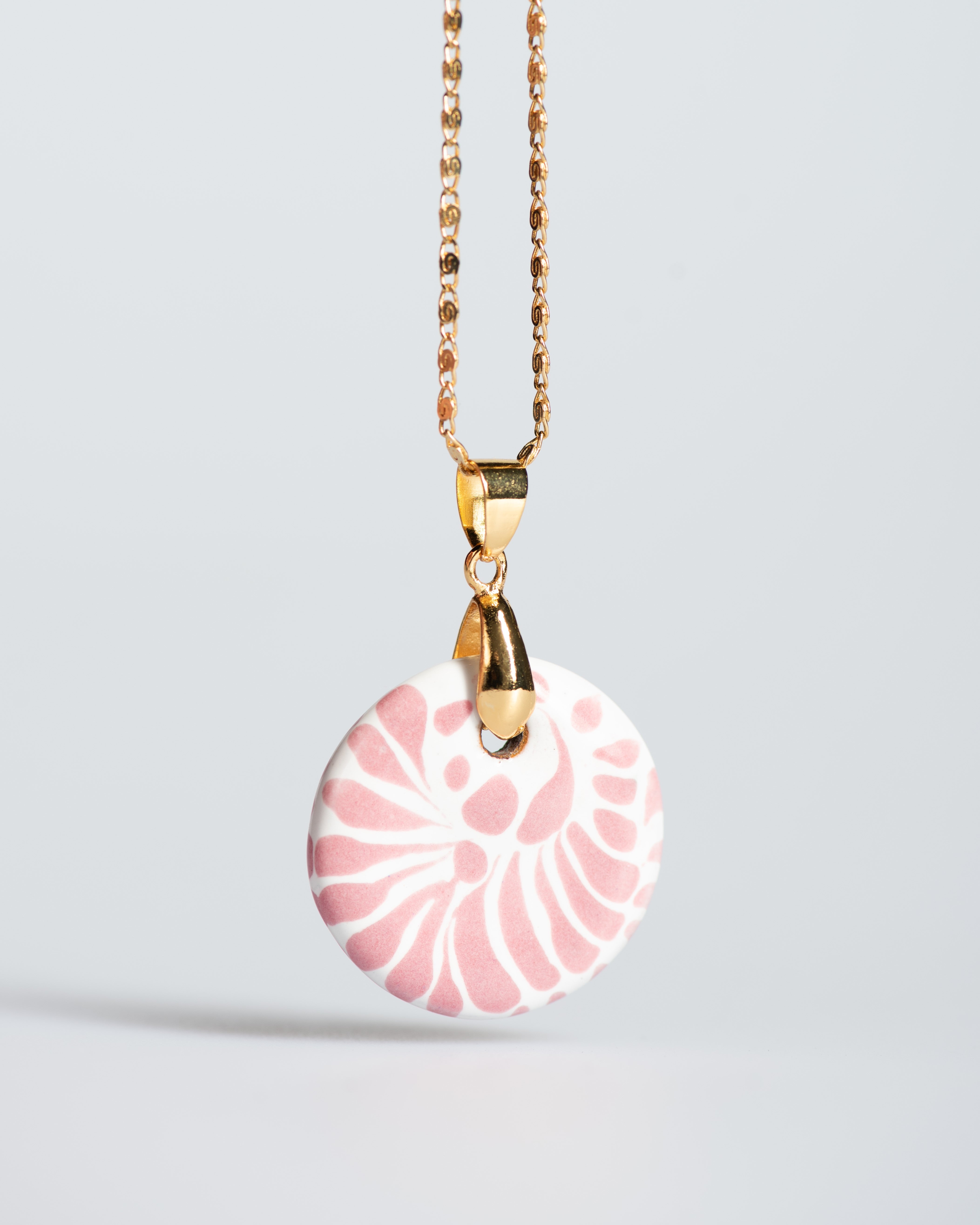 Pink Talavera Disc Necklace – Blush Ceramic Pendant on Gold | Clayvera