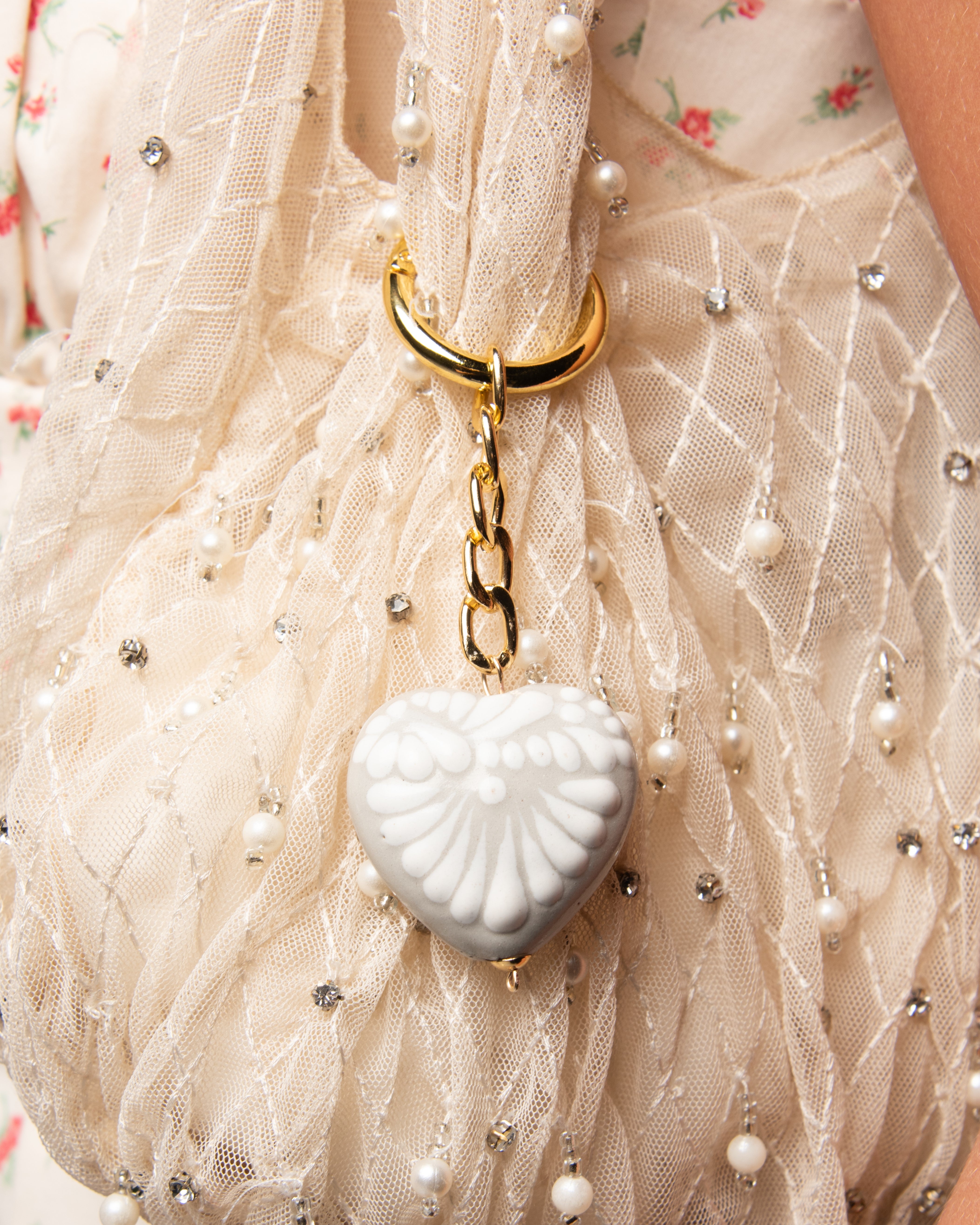 White Talavera Heart Keychain – Ceramic Charm with Gold Hardware | Clayvera