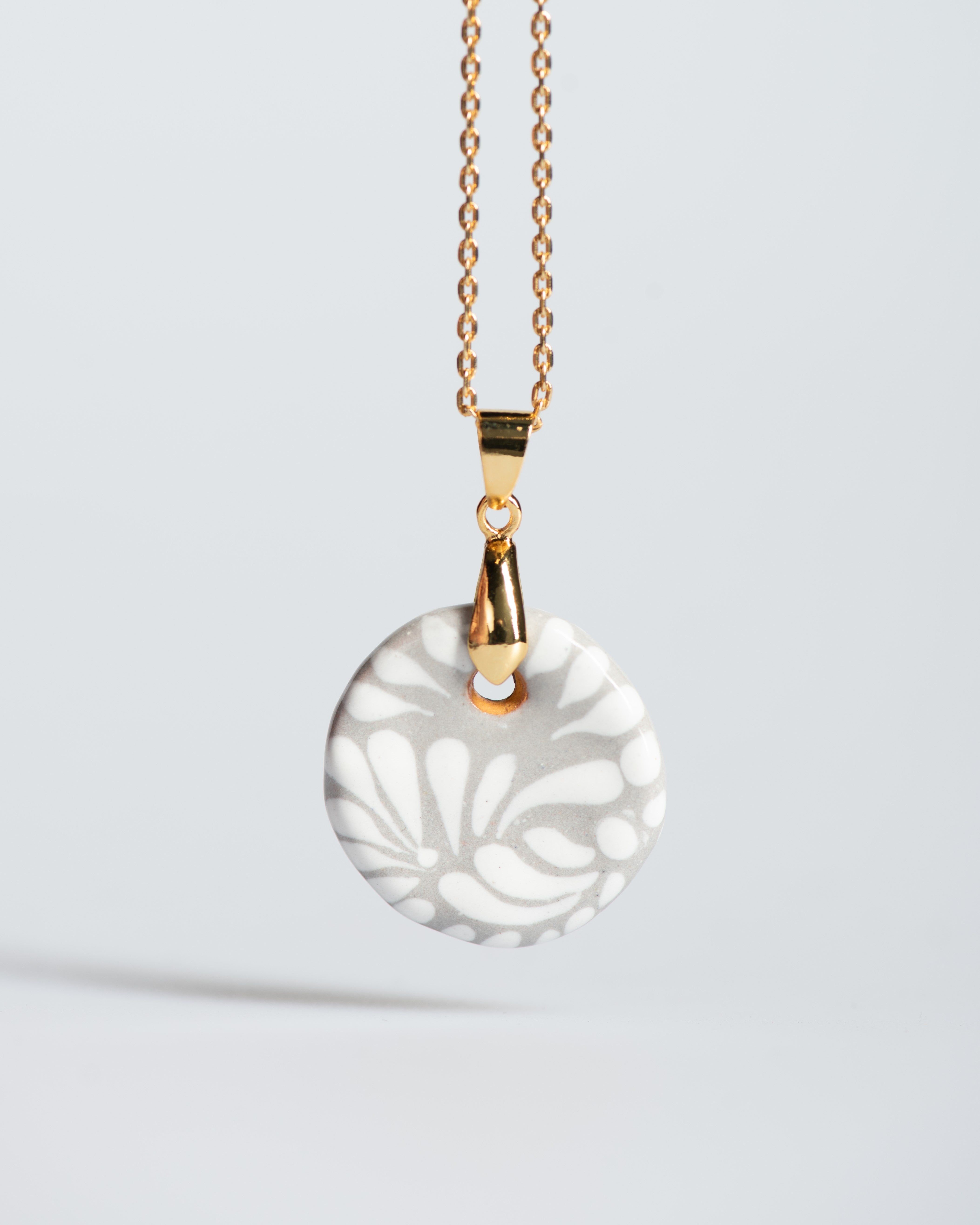 Gray Talavera Disc Necklace – Ceramic Pendant on Gold | Clayvera