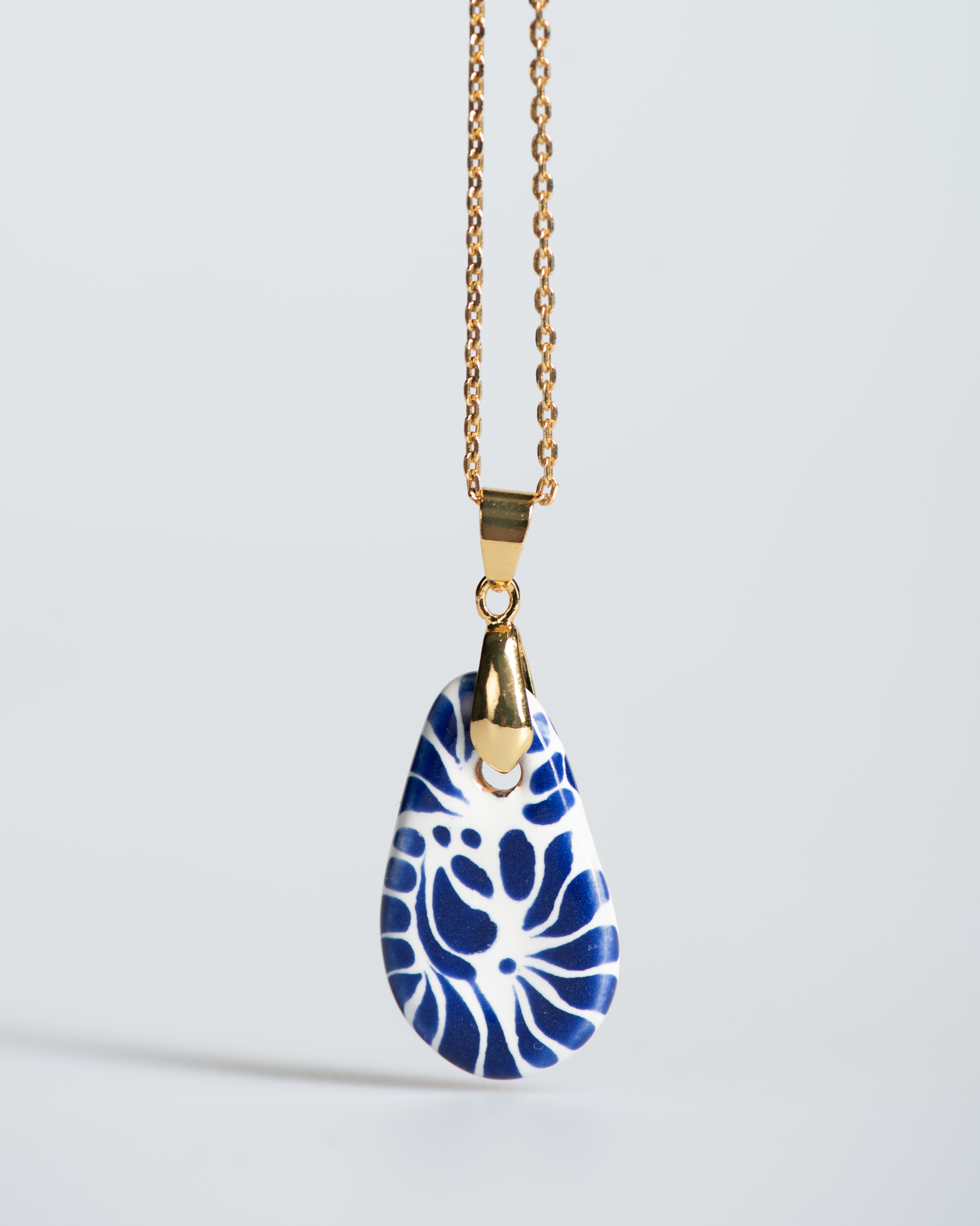 Blue Talavera Teardrop Necklace – Ceramic Pendant on Gold | Clayvera